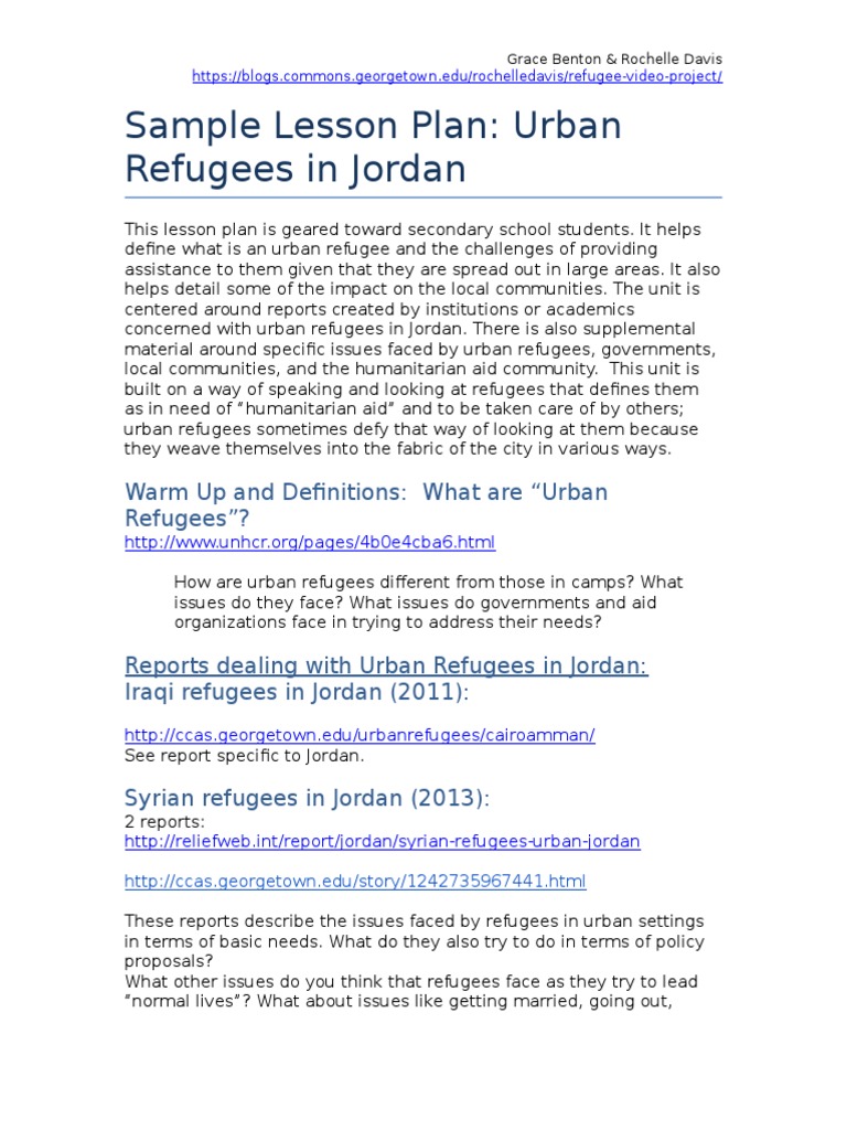 Sample Lesson Plan Urban Refugees | PDF | Refugee | Jordan