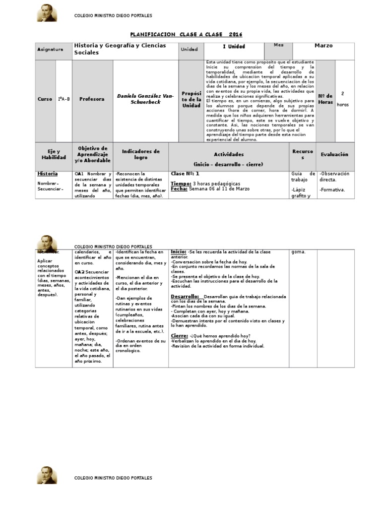 Planificación Historia 1 - 06 Al 11 de Marzo 2016 | PDF | Hora ...
