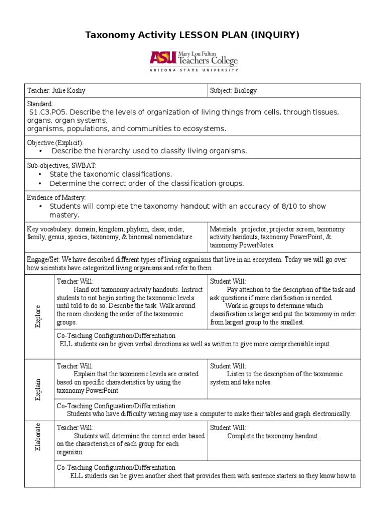 Taxonomy Activity LESSON PLAN (INQUIRY) | PDF | Science & Mathematics