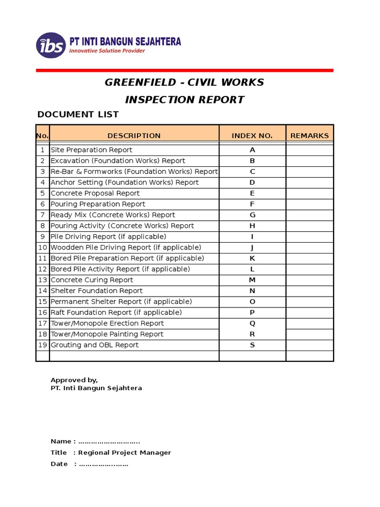 FM-PRJ-023 - Green Field - Civil Inspection Report (List) | Concrete ...