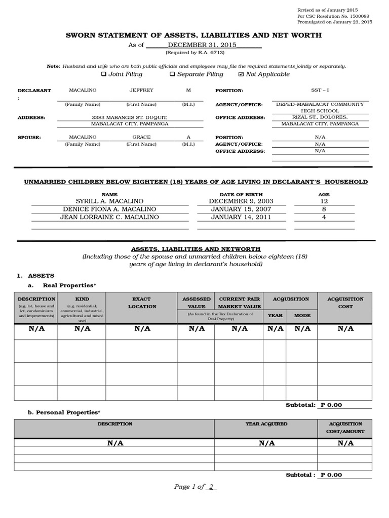 Sworn Statement Of Assets, Liabilities And Net Worth | Government ...