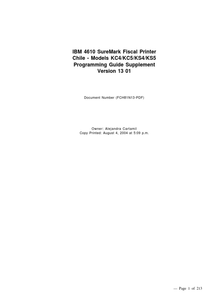 Ibm 4610 Suremark Fiscal Printer Chile - Models Kc4/Kc5/Ks4/Ks5 Programming Guide Supplement ...