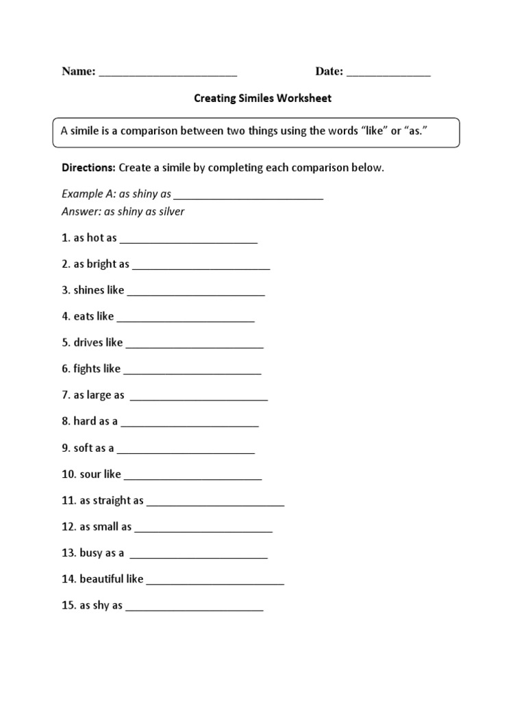 Name: - Date: - Creating Similes Worksheet | PDF | Poetic Devices ...