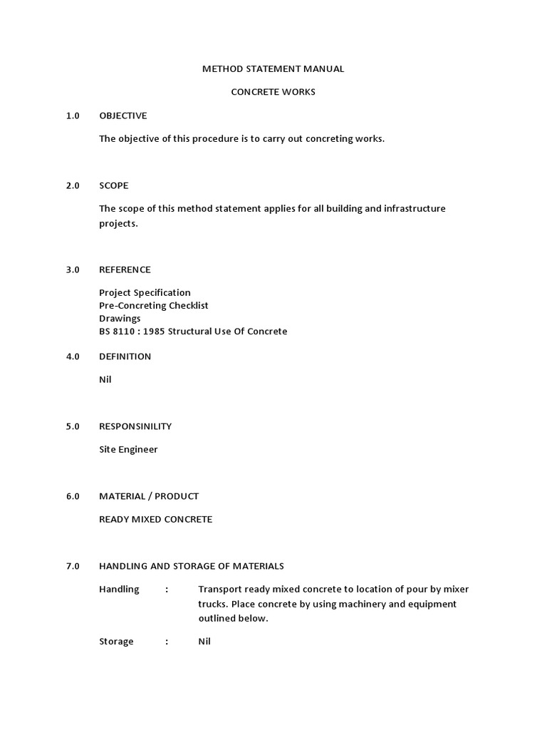 Concreting Method Statement | Concrete | Manmade Materials