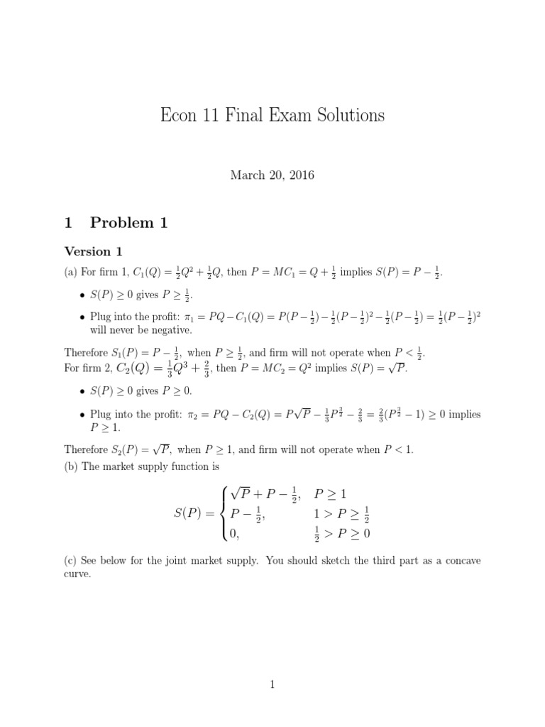 Econ 11 Final Exam Solutions: 1 Problem 1 | PDF | Economic Surplus | Economic Equilibrium