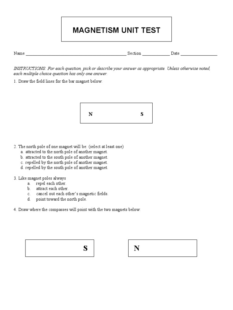 Magnetism Unit Test Questions | PDF | Magnetic Field | Magnetism