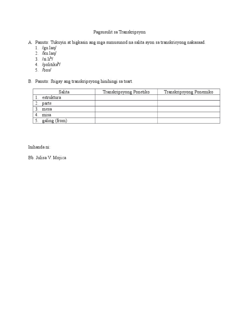 Pagsusulit Sa Transkripsyon | PDF