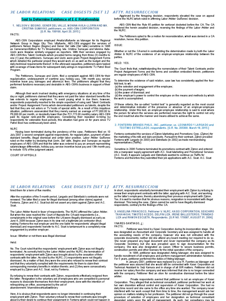Labrel Case Digests (Set 1) | PDF | Employment | Independent Contractor