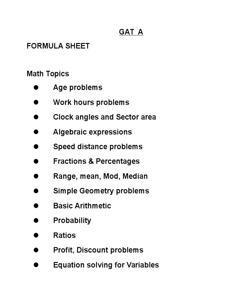 GAT A Formula List | PDF | Area | Mean
