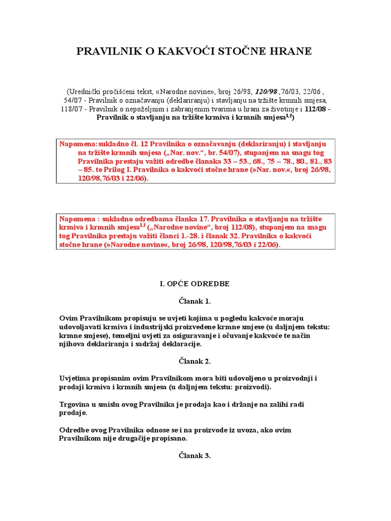 Pravilnik o Kakvoci Stocne Hrane | PDF