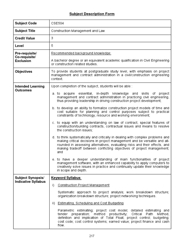 Subject Description Form: Subject Code Subject Title Credit Value Level ...