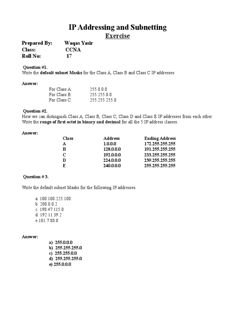Ip Addressing And Subnetting Exercise1 Solution Pdf Ip Address Computer Network