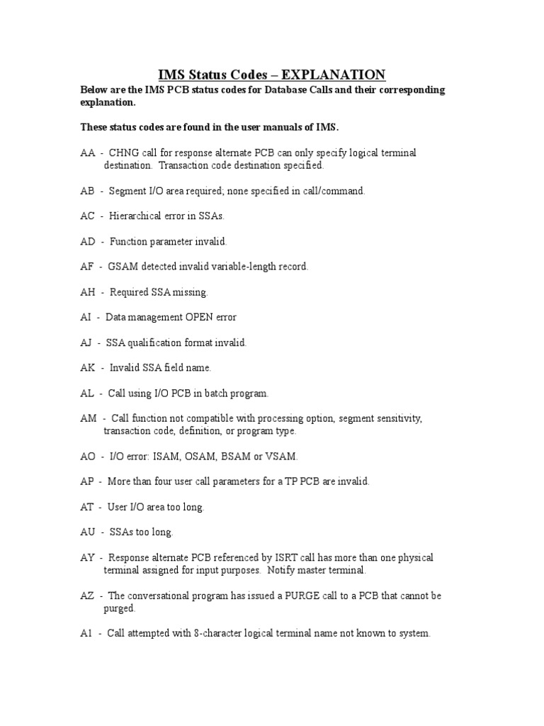 IMS Status Codes | PDF | Parameter (Computer Programming) | Information Management