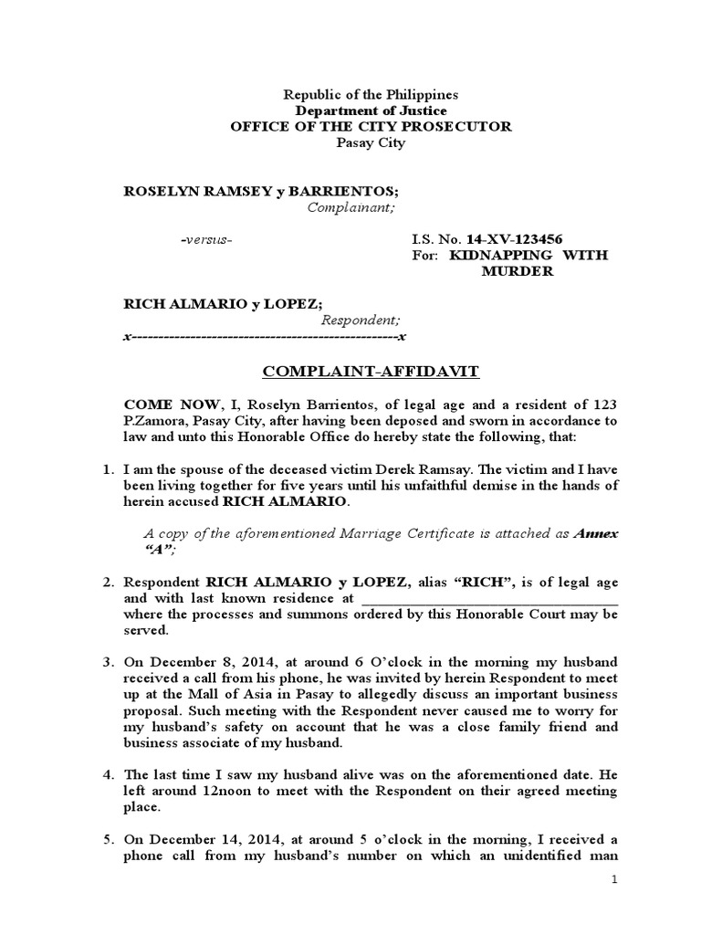 Complaint Affidavit | Murder | Kidnapping