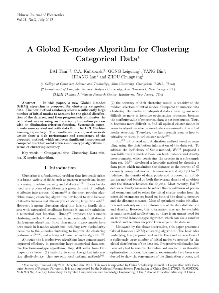 A Global K-Modes Algorithm For Clustering Categorical Data | PDF | Cluster Analysis ...