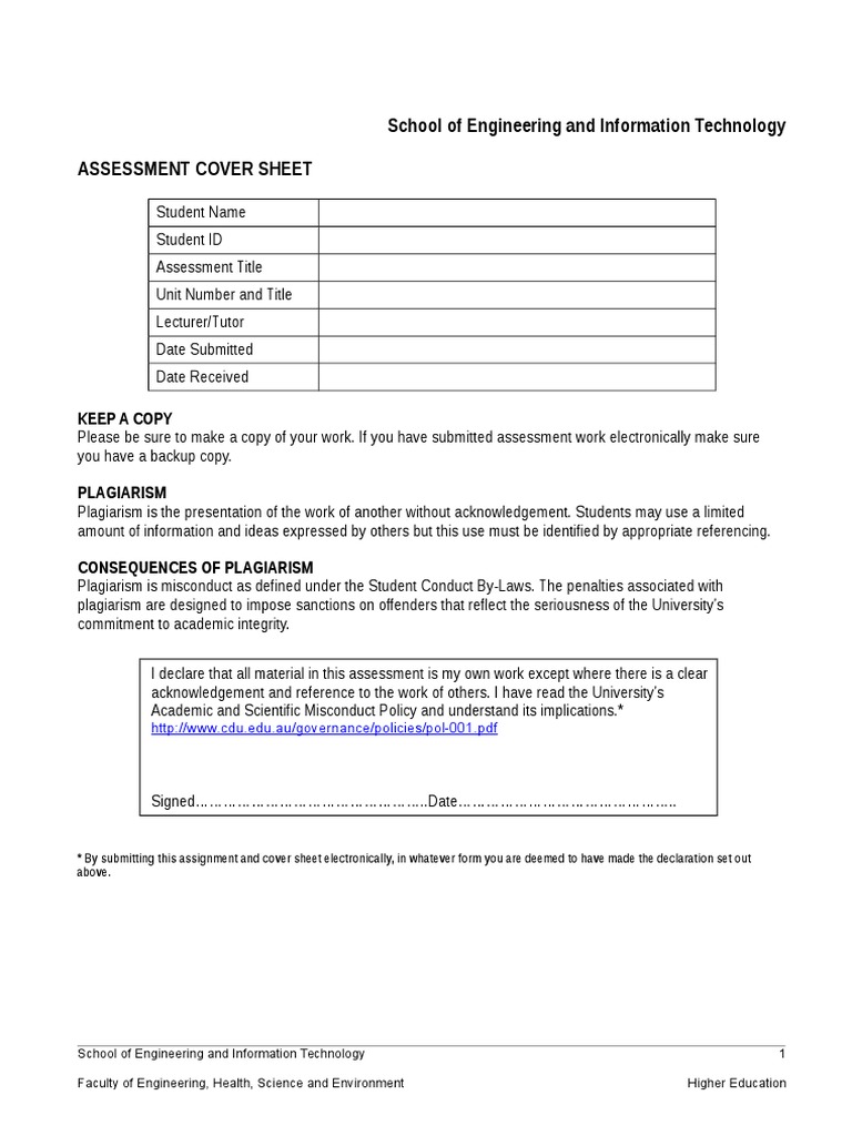 School of Engineering and Information Technology Assessment Cover Sheet ...