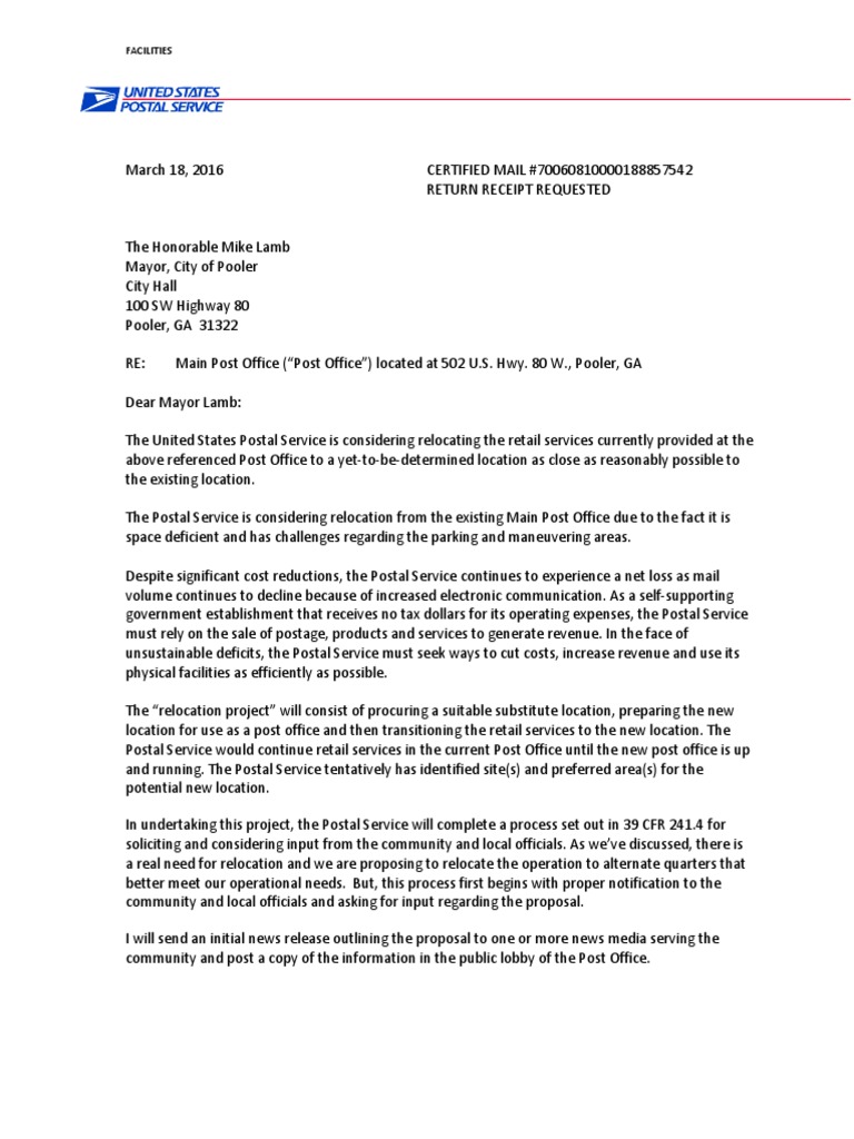 U.S. Postal Service Letter To Mayor Mike Lamb | PDF | United States ...