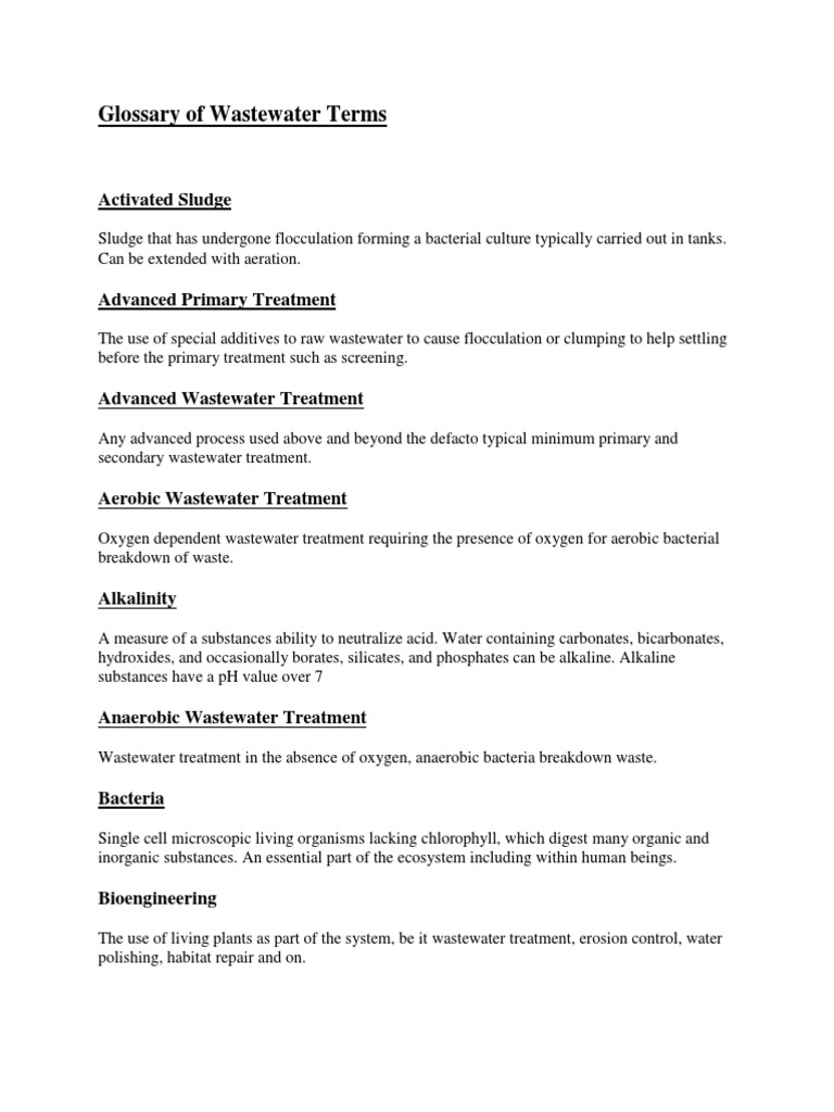 Wastewater Treatment Terms Glossary | PDF