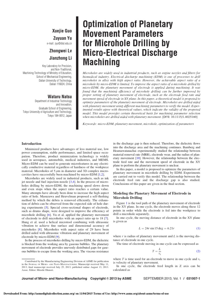 Optimization of Planetary Movement Parameters For Microhole Drilling by ...