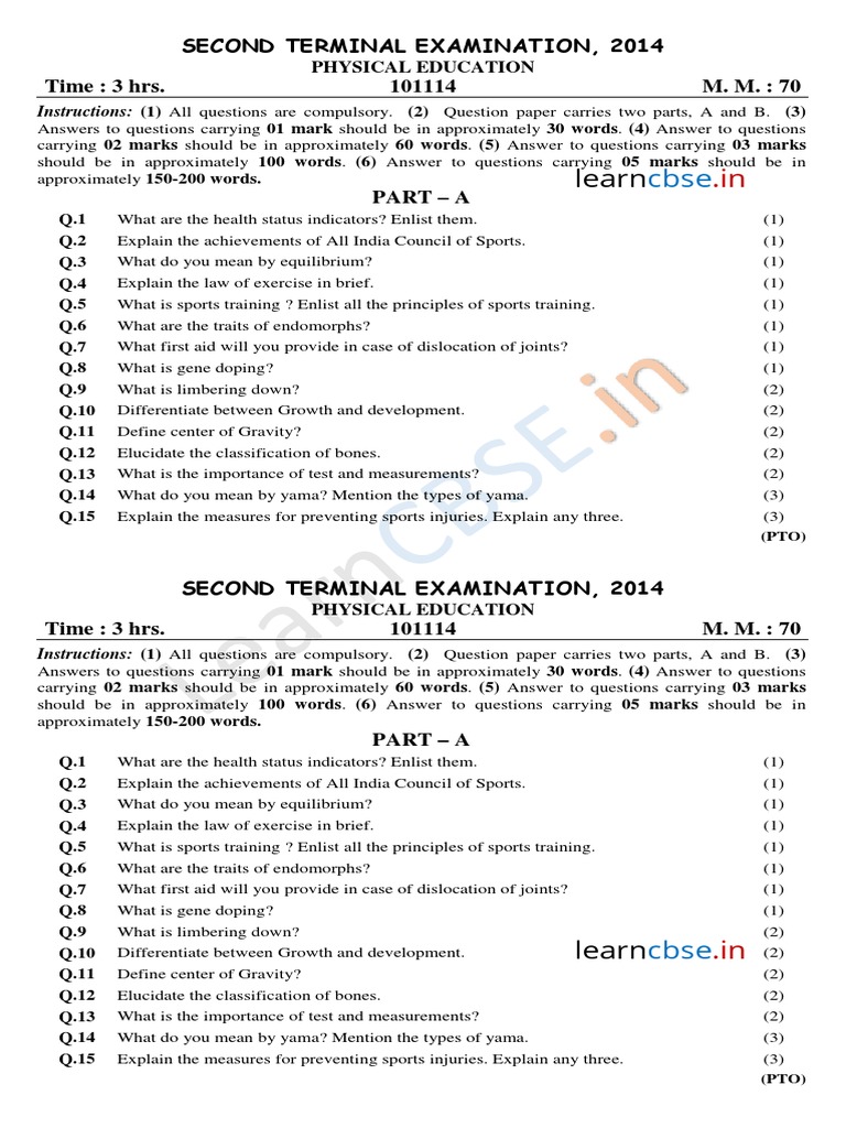 Cbse Class 11 Physical Education Sample Paper Sa2 2014 | PDF | Sports ...