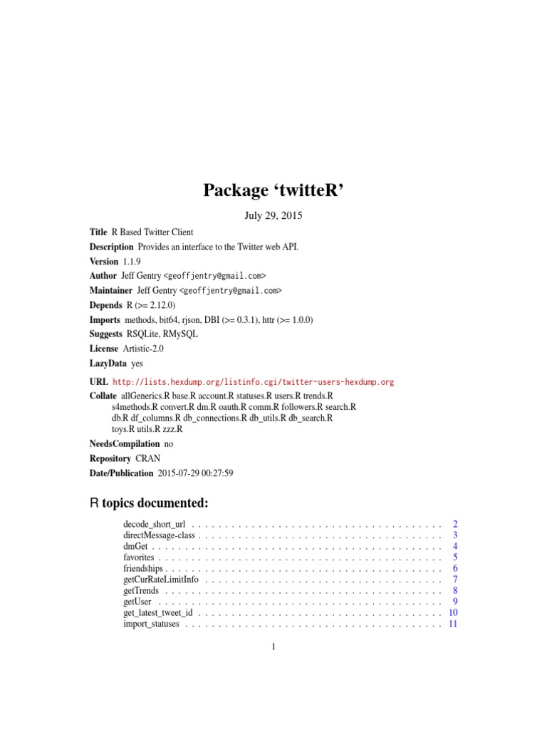 Package Twitter': R Topics Documented | PDF | Twitter | Parameter (Computer Programming)