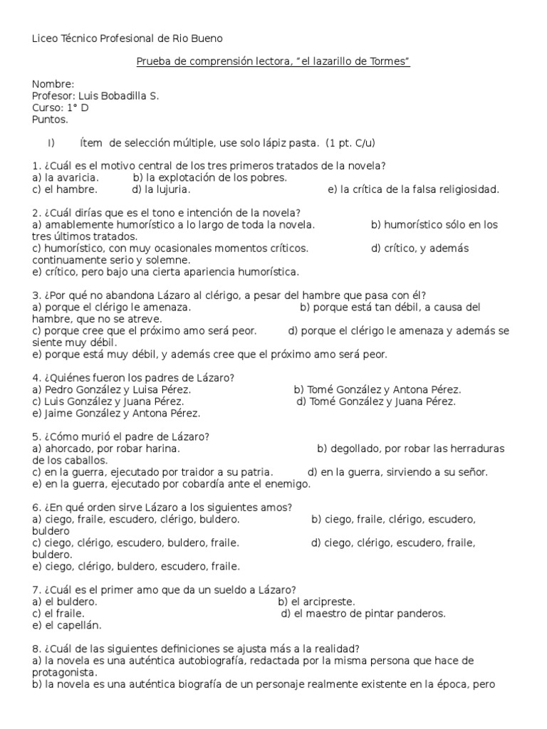 Prueba El Lazarillo de Tormes | PDF | Autobiografías
