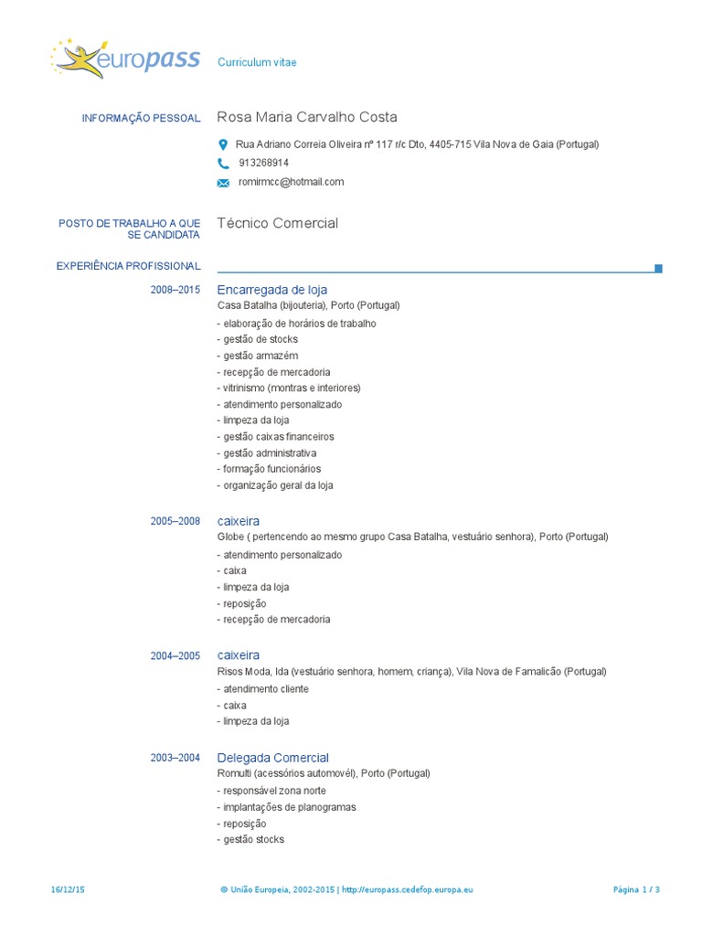 CV Europass | Download grátis PDF | Comunicação | Portugal