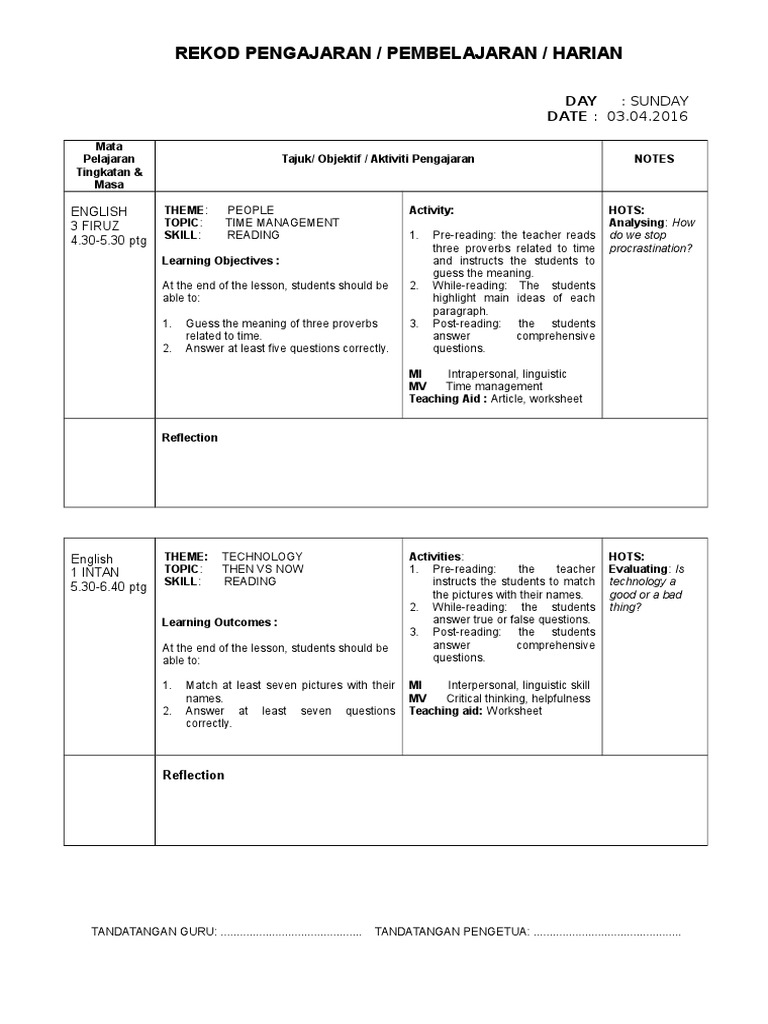 Form 3 English Lesson Plans Overview | PDF