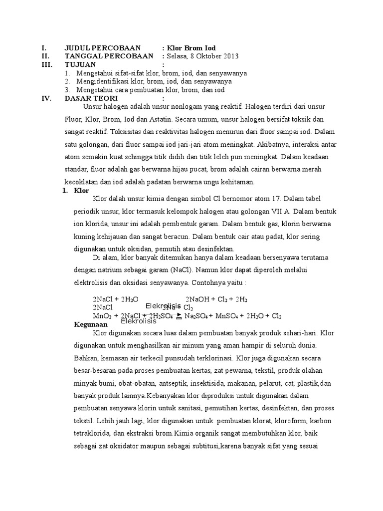 Eksperimen Elektrolisis Halogen | PDF