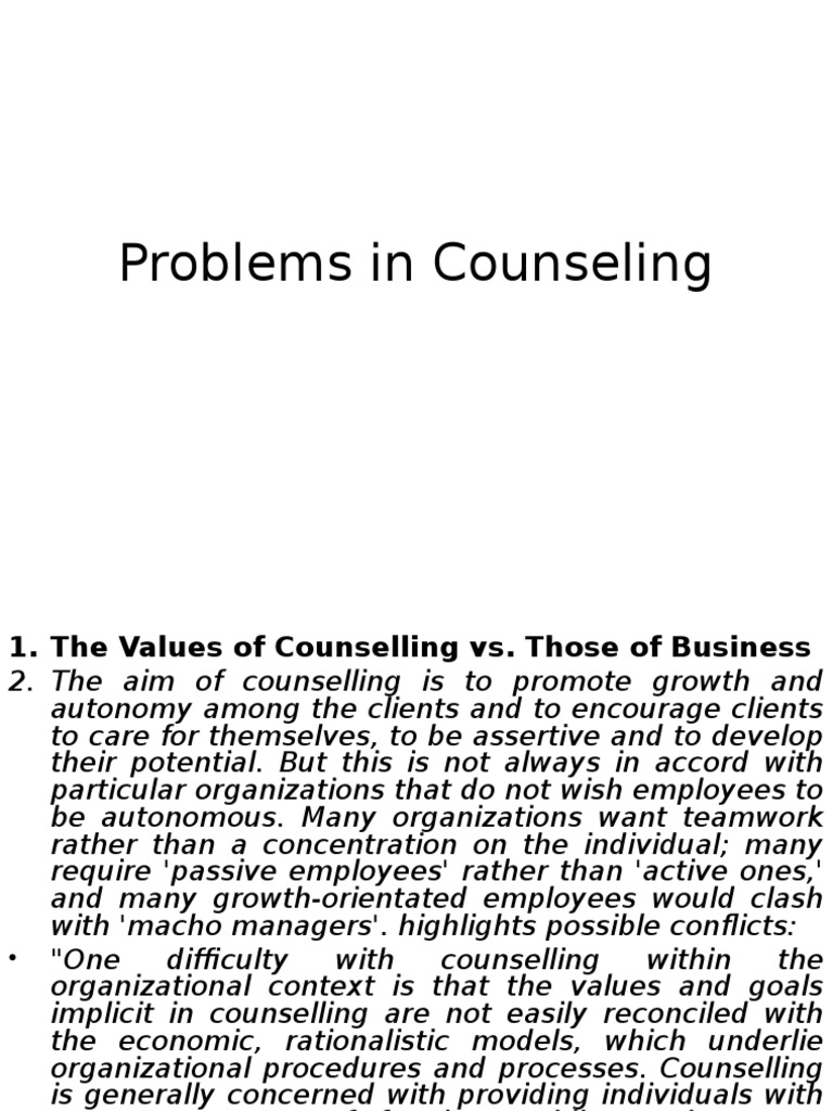 problems in Counselling PPT | Psychotherapy | Employment