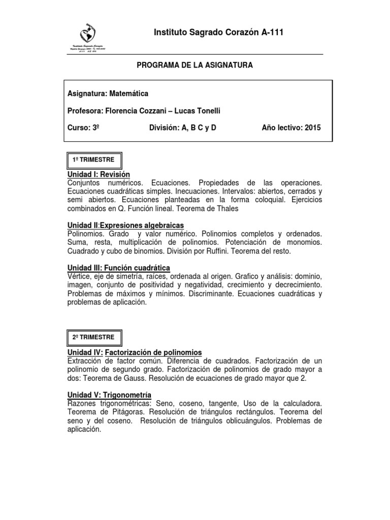 Programa Matematica 3o - Florencia Cozzani - Lucas Tonelli 2015 | PDF