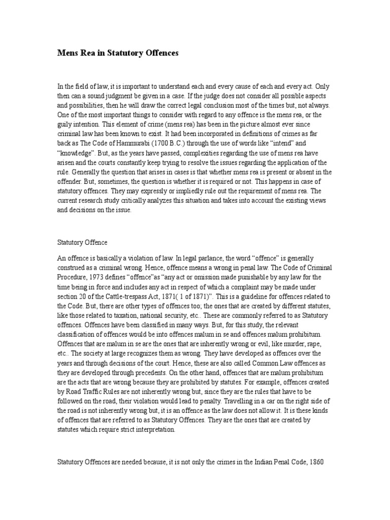Mens Rea in Statutory Offences | PDF | Mens Rea | Intention (Criminal Law)