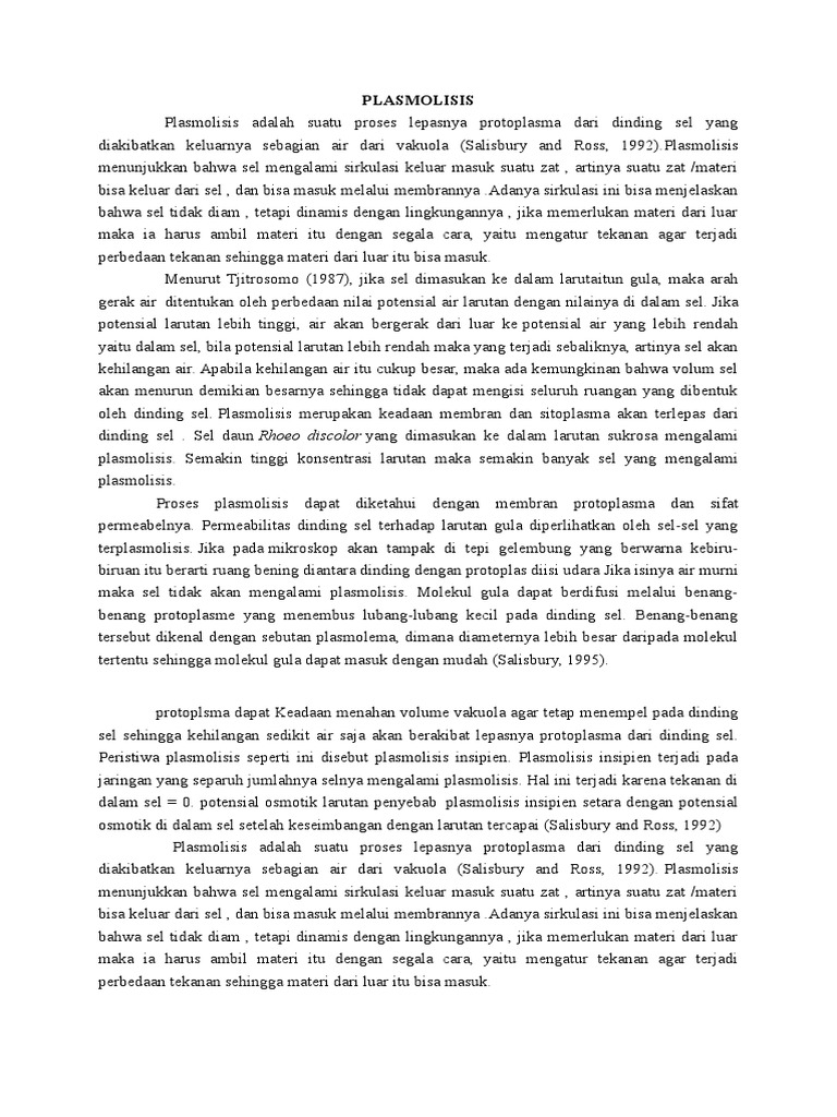 Proses dan Pengertian Plasmolisis Sel | PDF