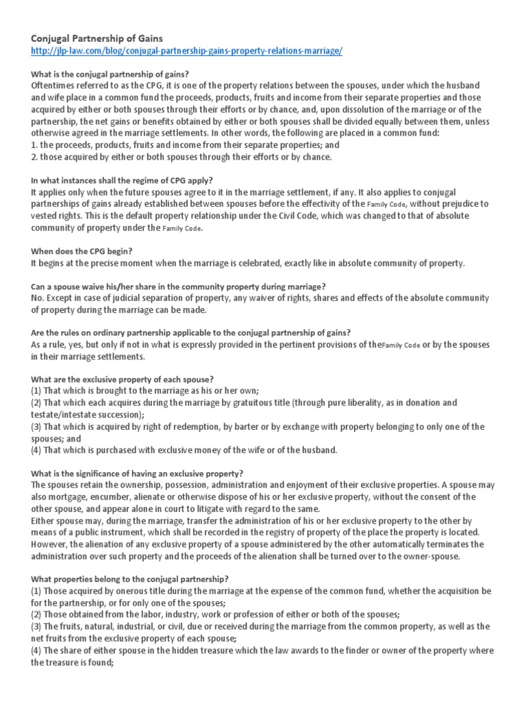 Absolute Community of Property vs. Conjugal Partnership of Gains | PDF ...