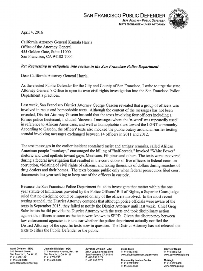 Letter From S.F. Public Defender Jeff Adachi To California Attorney ...