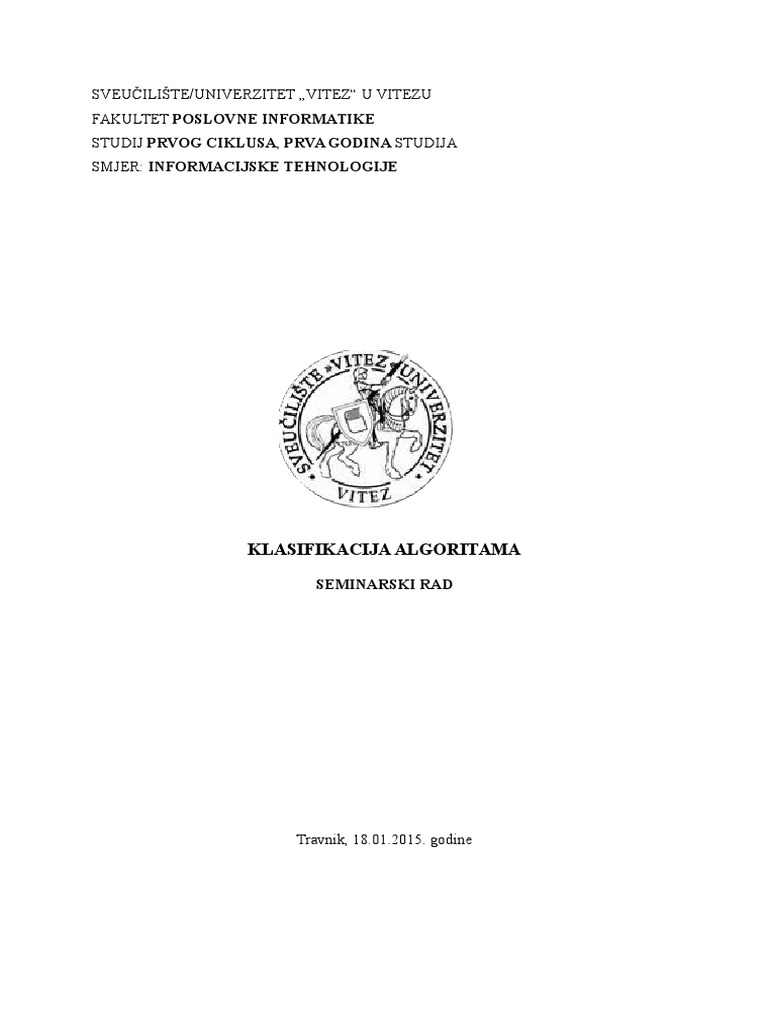 Klasifikacija Algoritama Seminarski Rad | PDF