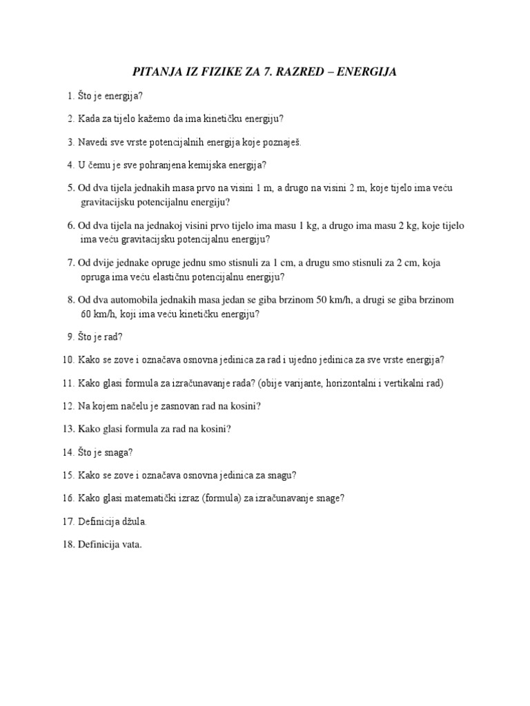 Fond Pitanja Za 7. Razred ENERGIJA | PDF