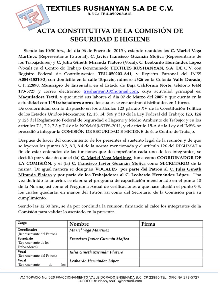 Acta Constitutiva Seguridad e Higiene 2015 | PDF | Gobierno