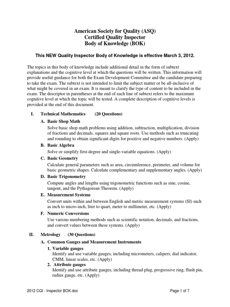 ASQ Certified Quality Inspector Body of Kowledge | PDF | Trigonometric ...