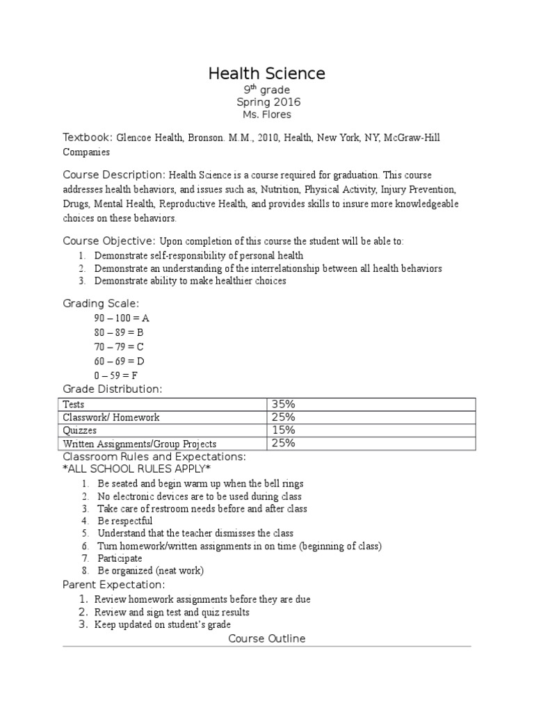 Health Syllabus 9th Grade | PDF | Self-Improvement