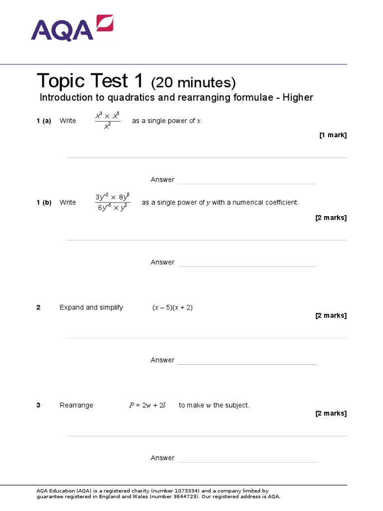 Introduction To Quadratics and Rearranging Formulae - Topic Test 1 H v1 ...