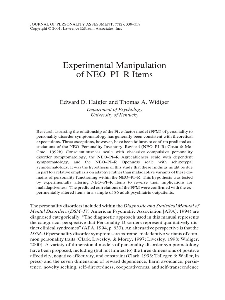 Experimental Manipulation of NEO-PI-R Items | PDF | Personality ...