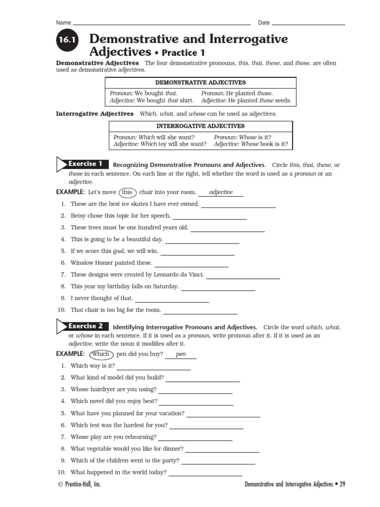 Demonstrative Adjective Worksheet