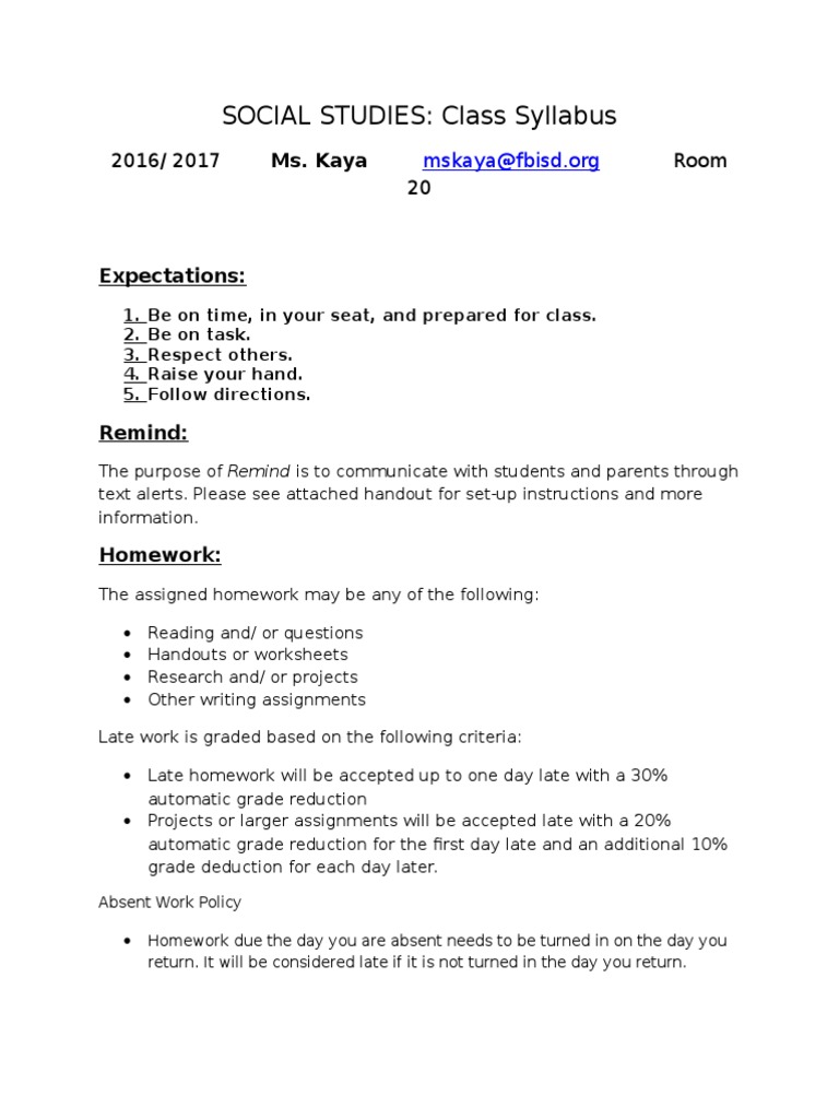 Social Studies Class Syllabus 2016-2017 | PDF | Career & Growth