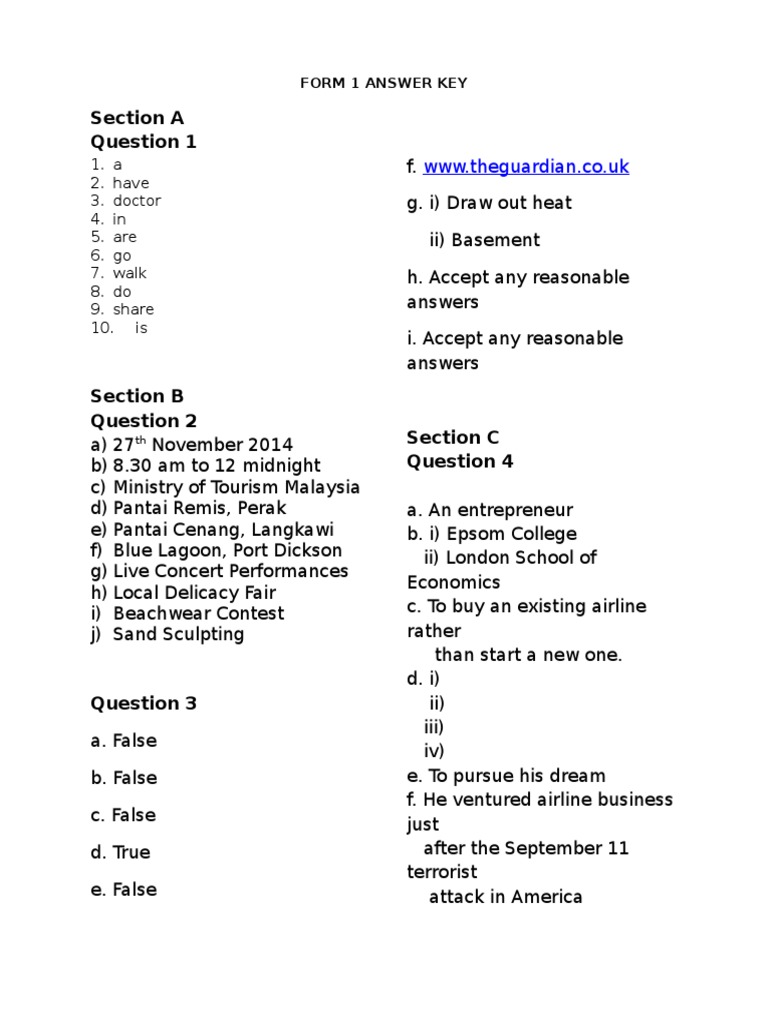Form 1 Answer Key Overview | PDF | Business