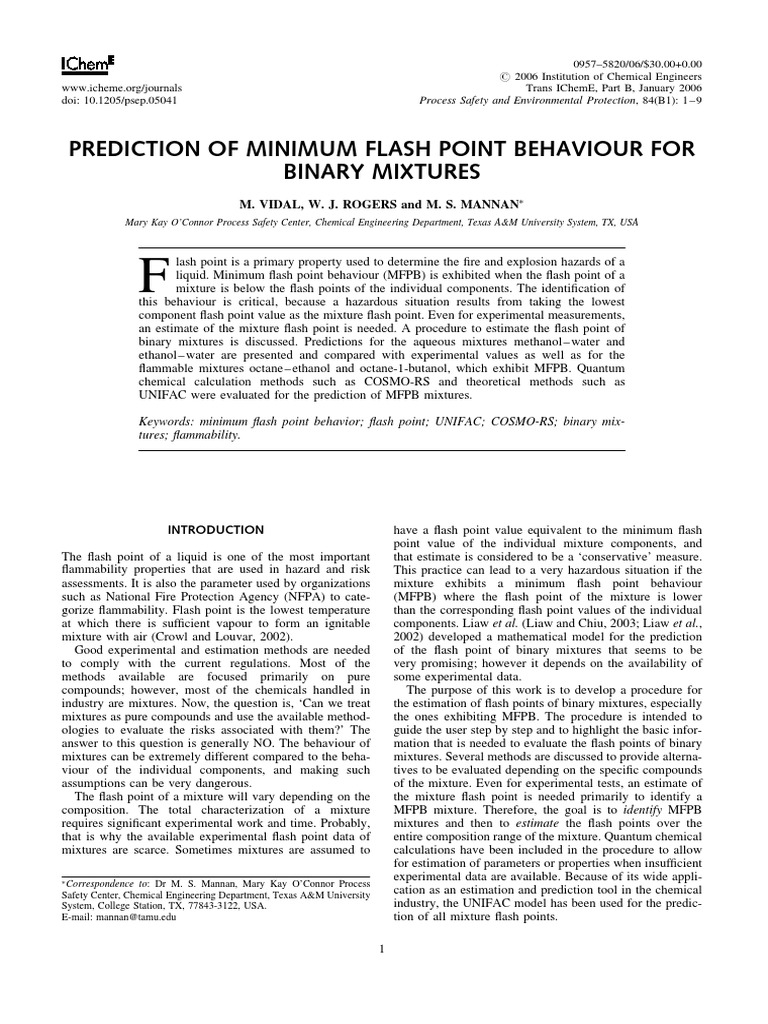 Prediction of Minimum Flash Point Behaviour For Binary Mixtures | PDF | Physical Sciences ...