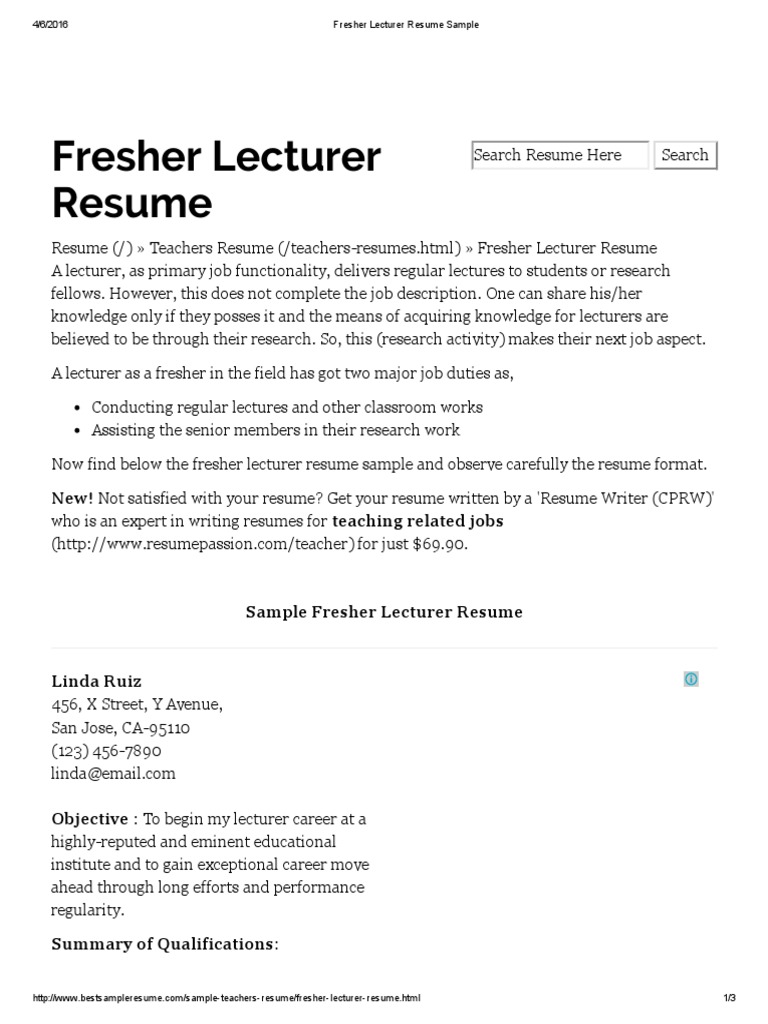 Sample Resume for Fresher Lecturer | PDF | Lecturer | Résumé