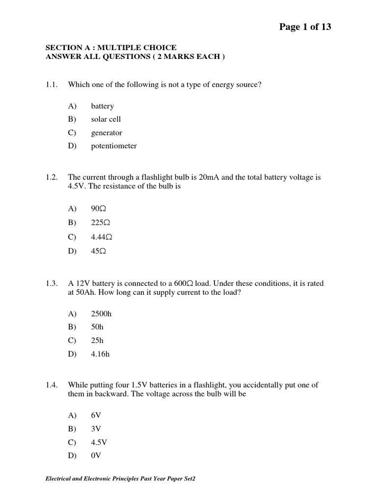 Electrical and Electronic Principles 1 Past Year Paper Set 2 | PDF ...