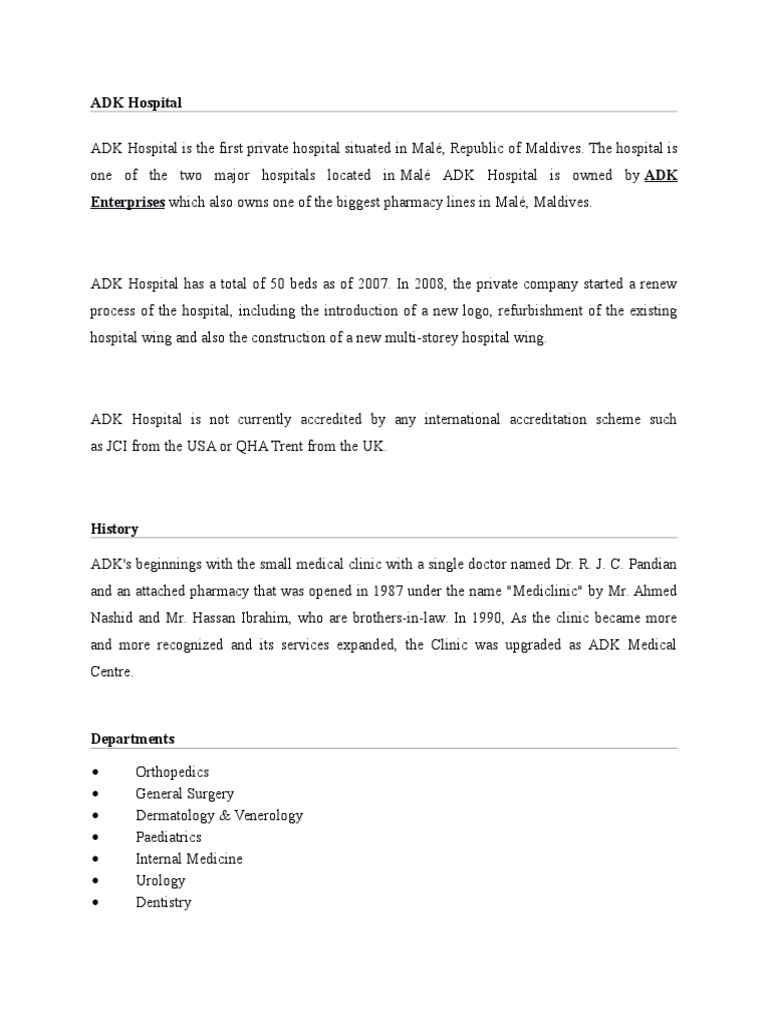 Overview of ADK Hospital Maldives | PDF | Business