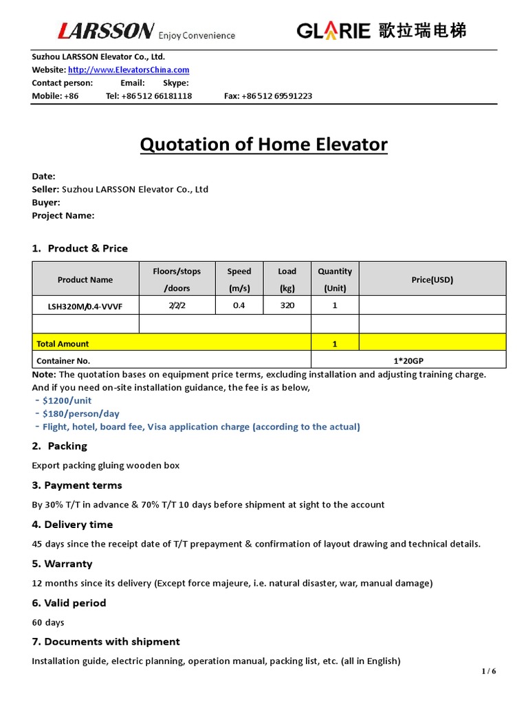 Larsson Quotation Sample | PDF | Door | Elevator